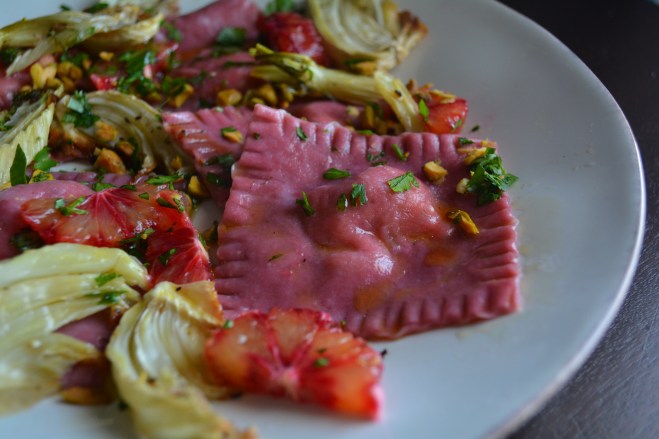 BEET RAVIOLI w/ GOAT CHEESE, BLOOD ORANGES + FENNEL – THE MODEL WELL FED